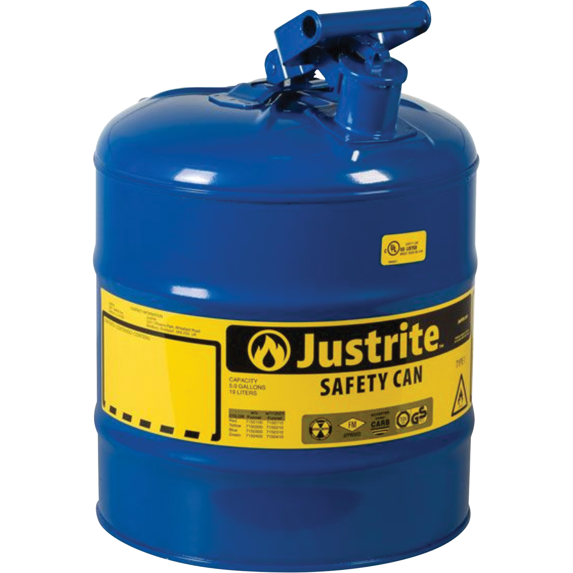 Justrite Safety Cans, Type I, Steel, 5 US gal., Blue, FM Approved/UL ...